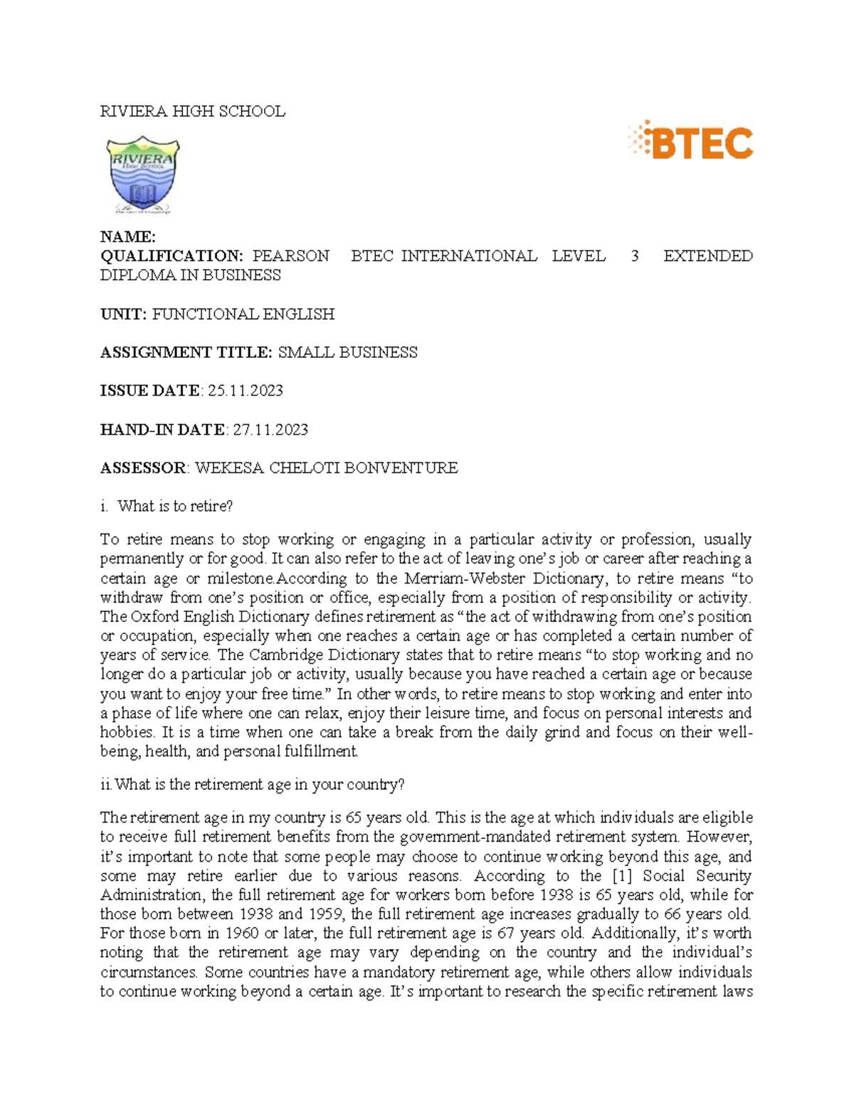 work achieved d* - RIVIERA HIGH SCHOOL NAME: QUALIFICATION: PEARSON ...