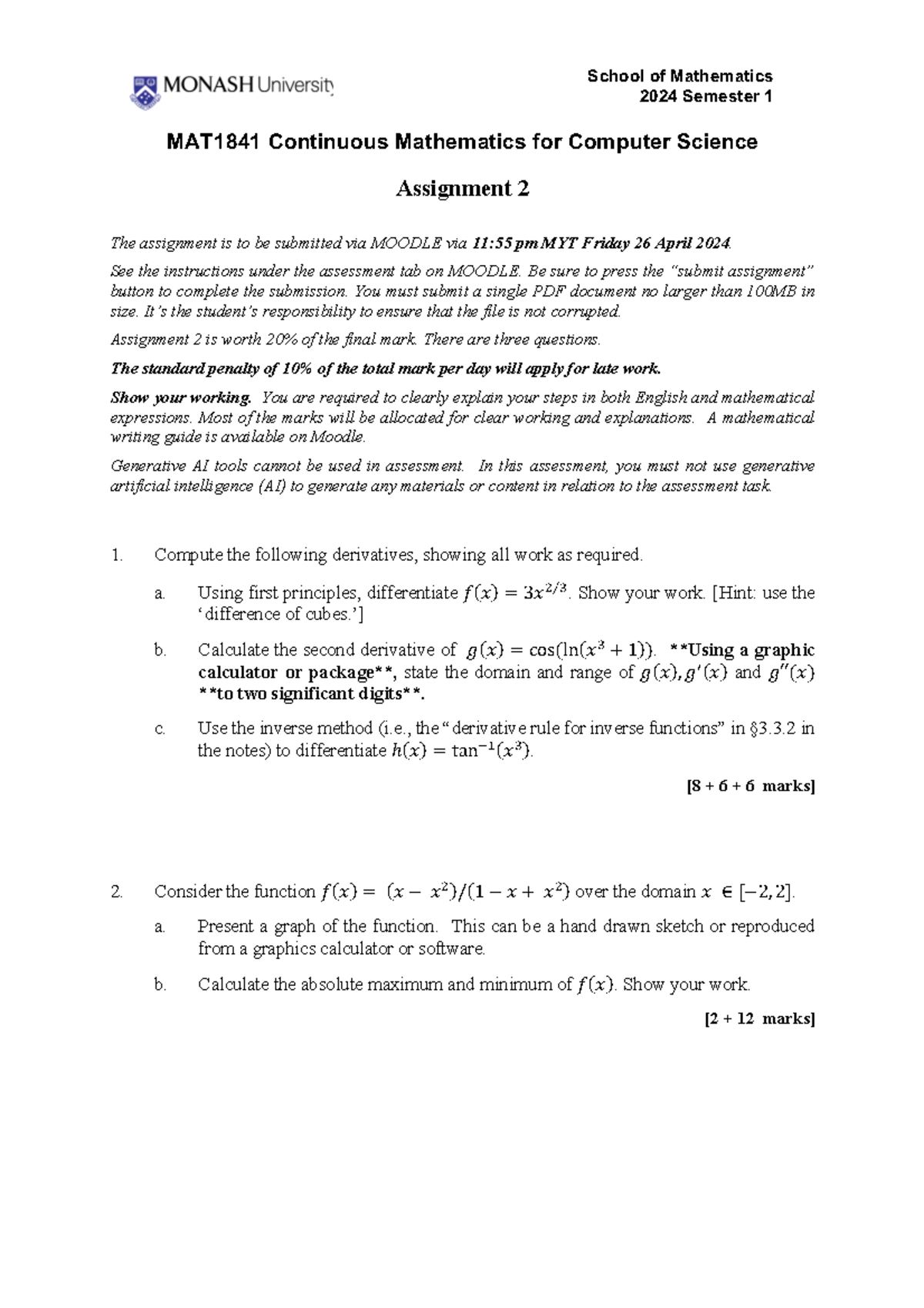 MAT1841 2024 2 Assignment 2 - School of Mathematics 2024 Semester 1 MAT1841 Continuous ...