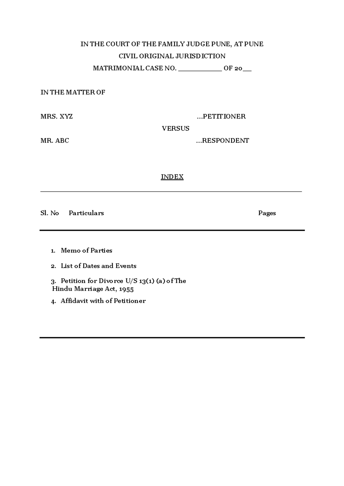 Draft of Divorce Petition (Under HMA) - IN THE COURT OF THE FAMILY ...