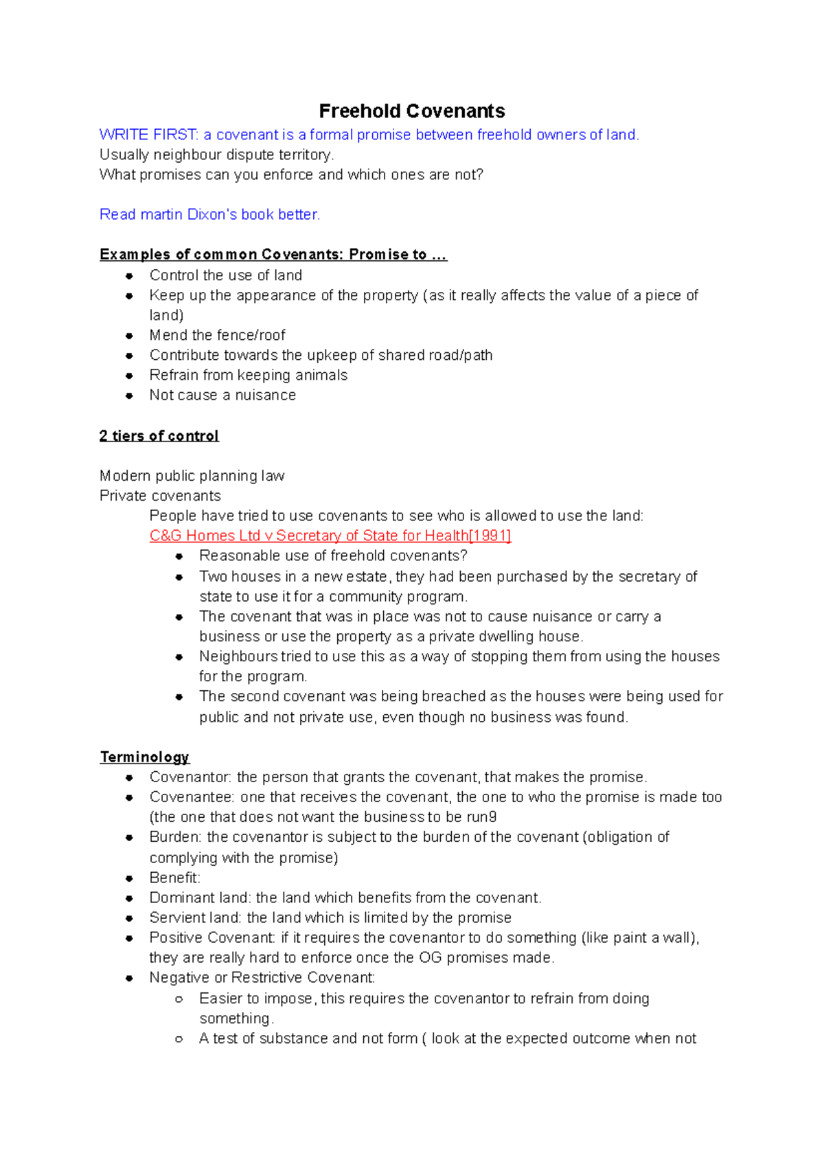 8. Freehold covenants - Land law notes - Freehold Covenants WRITE FIRST ...