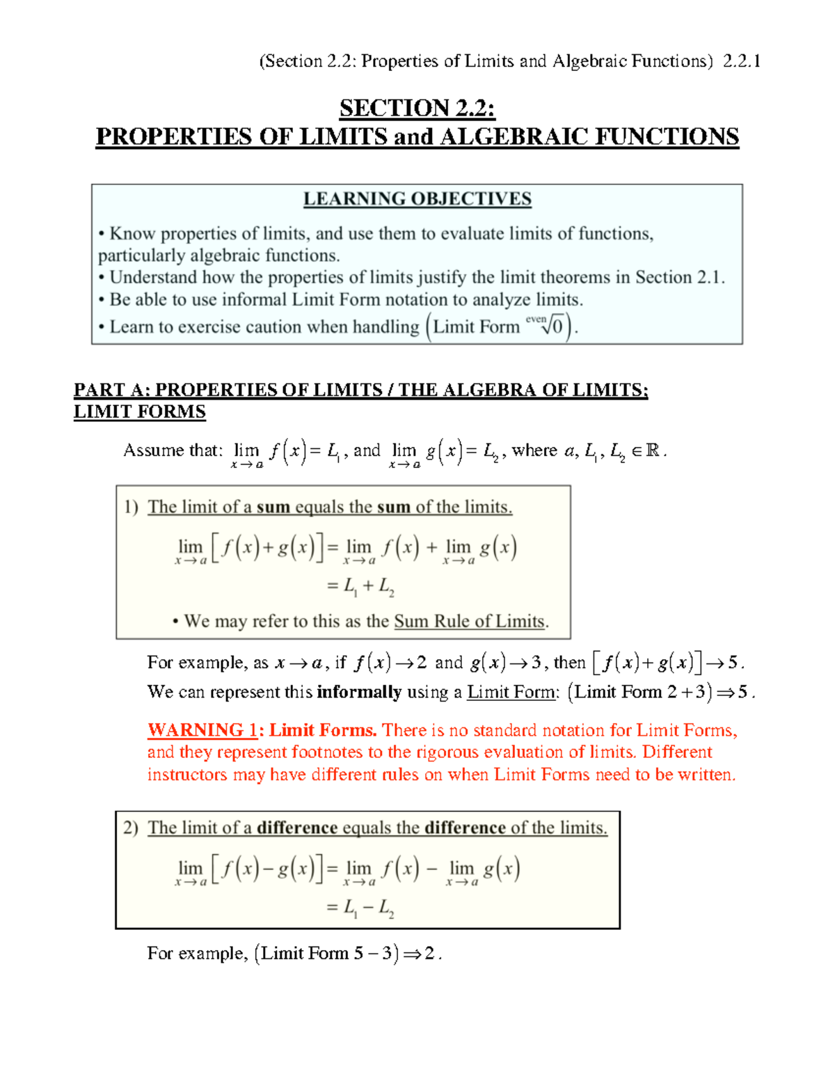 2.2 - practice - SECTION 2: PROPERTIES OF LIMITS and ALGEBRAIC FUNCTIONS LEARNING OBJECTIVES ...