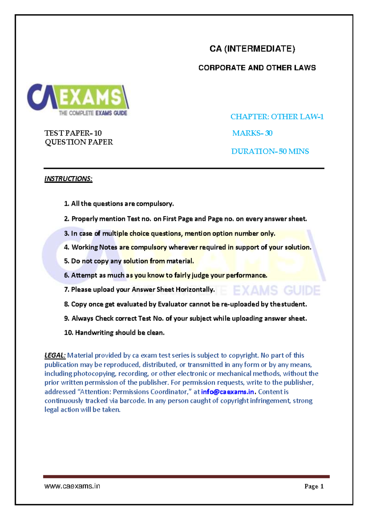 LAW TEST 10 Question Paper 1669709380 - caexams Page 1 CA (INTERMEDIATE ...