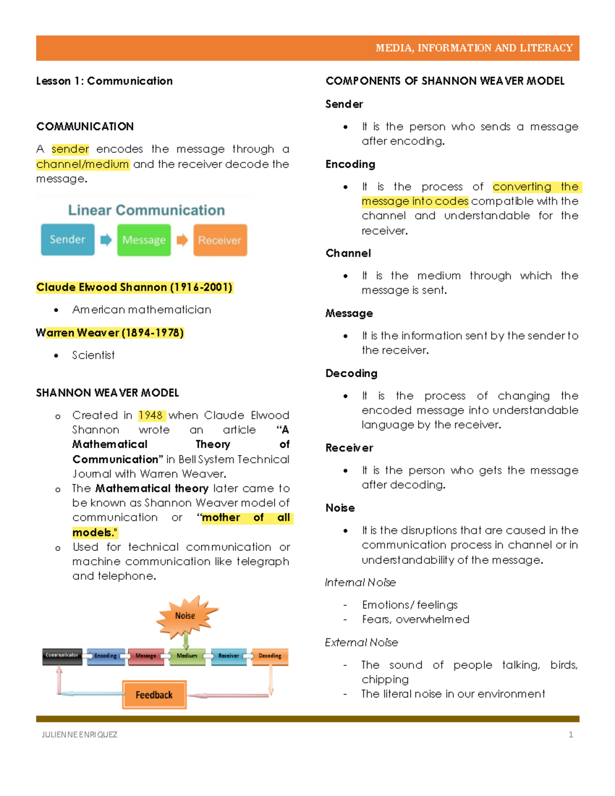 MIL - Lecture notes 1-7 - Lesson 1: Communication COMMUNICATION A ...