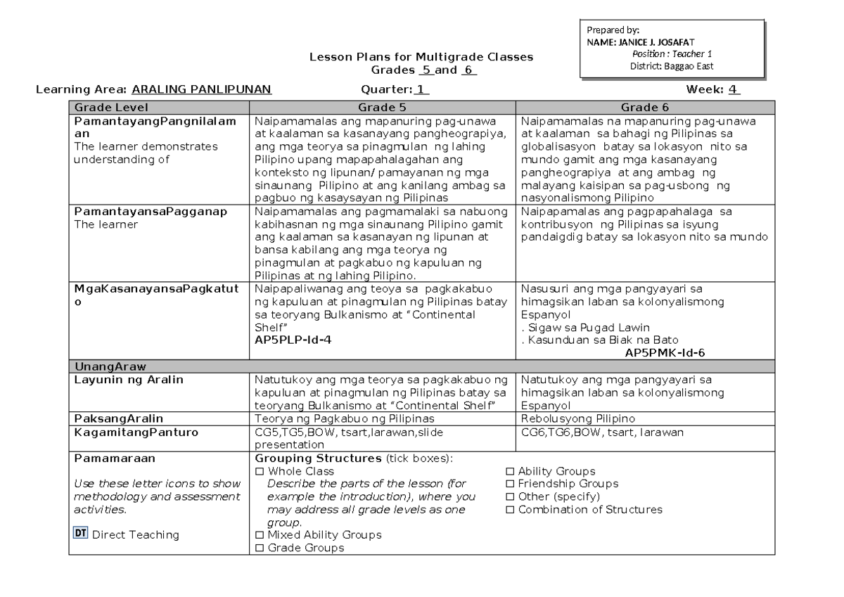 Araling Panlipunan Grade 5 and 6 lesson plan quarter 1 week 1 - Lesson ...