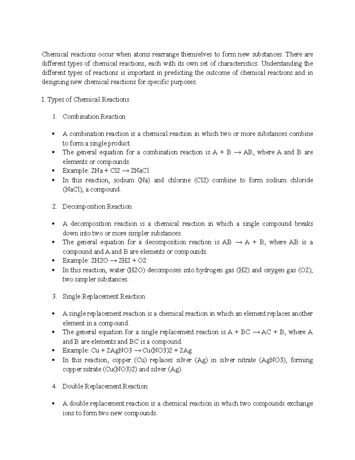 Chem 17 - Chemical Reactions Study Sheet with Questions - Chemical ...