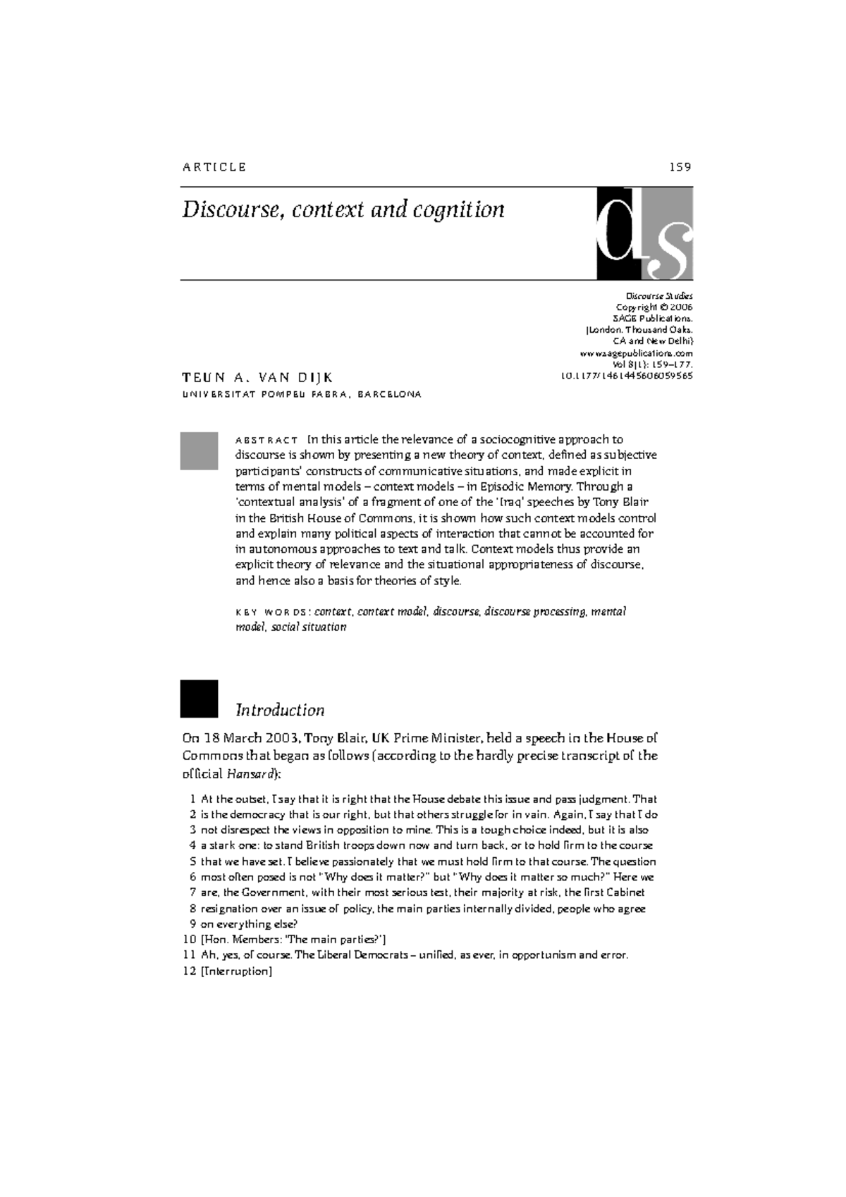 Discurso, contexto y cognición - Discourse, context and cognition TEUN A. VAN DIJK UNIVERSITAT ...