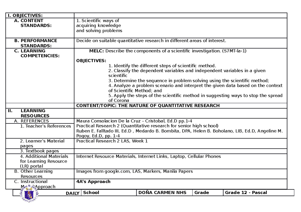 Science 7 WEEK 1, DAY 3 - NONE - I. OBJECTIVES: A. CONTENT STANDARDS ...