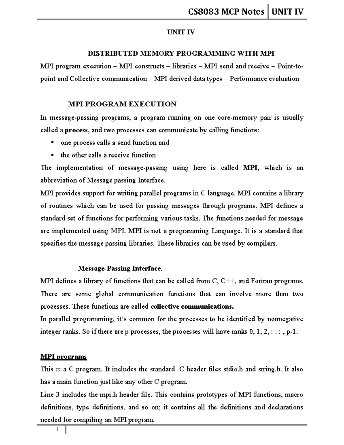 Cs8083 Unit Iv Notes Cs8083 Mcp Notes Unit Iv 1 Cse Unit Iv Distributed Memory Programming 