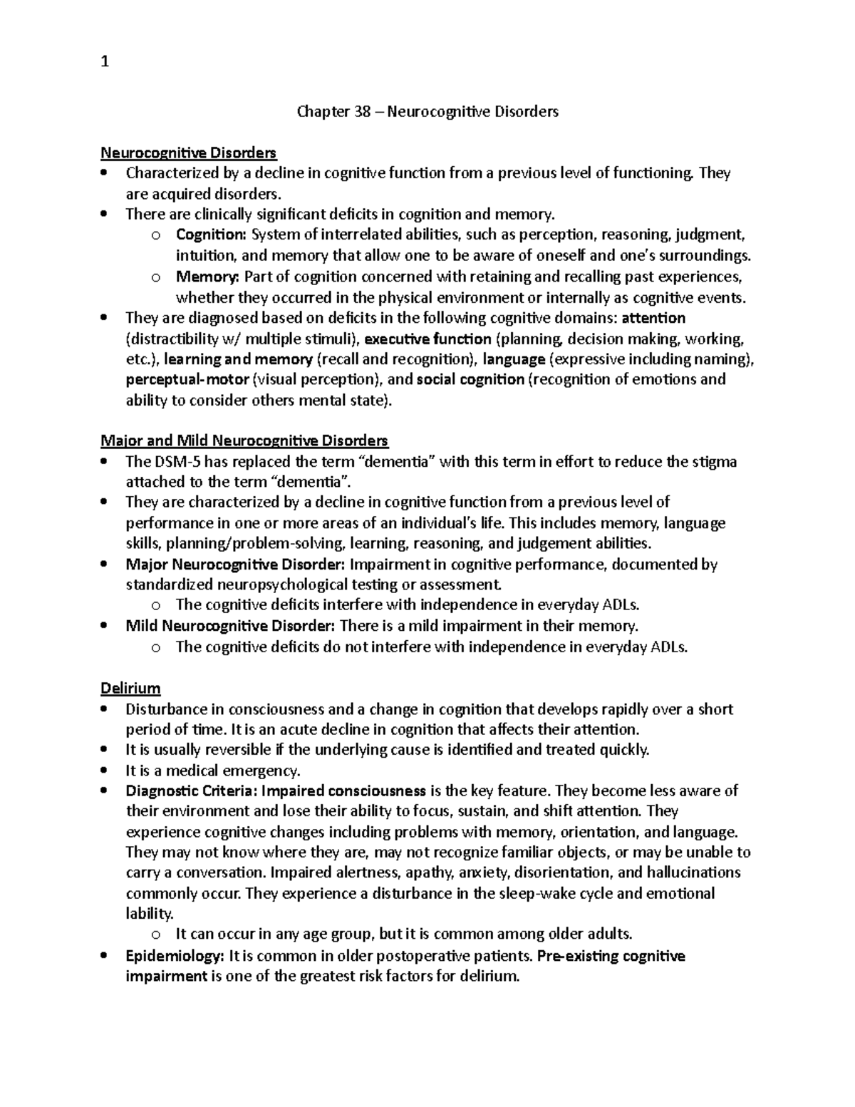 Chapter 38 Notes - Chapter 38 – Neurocognitive Disorders Neurocognitive ...