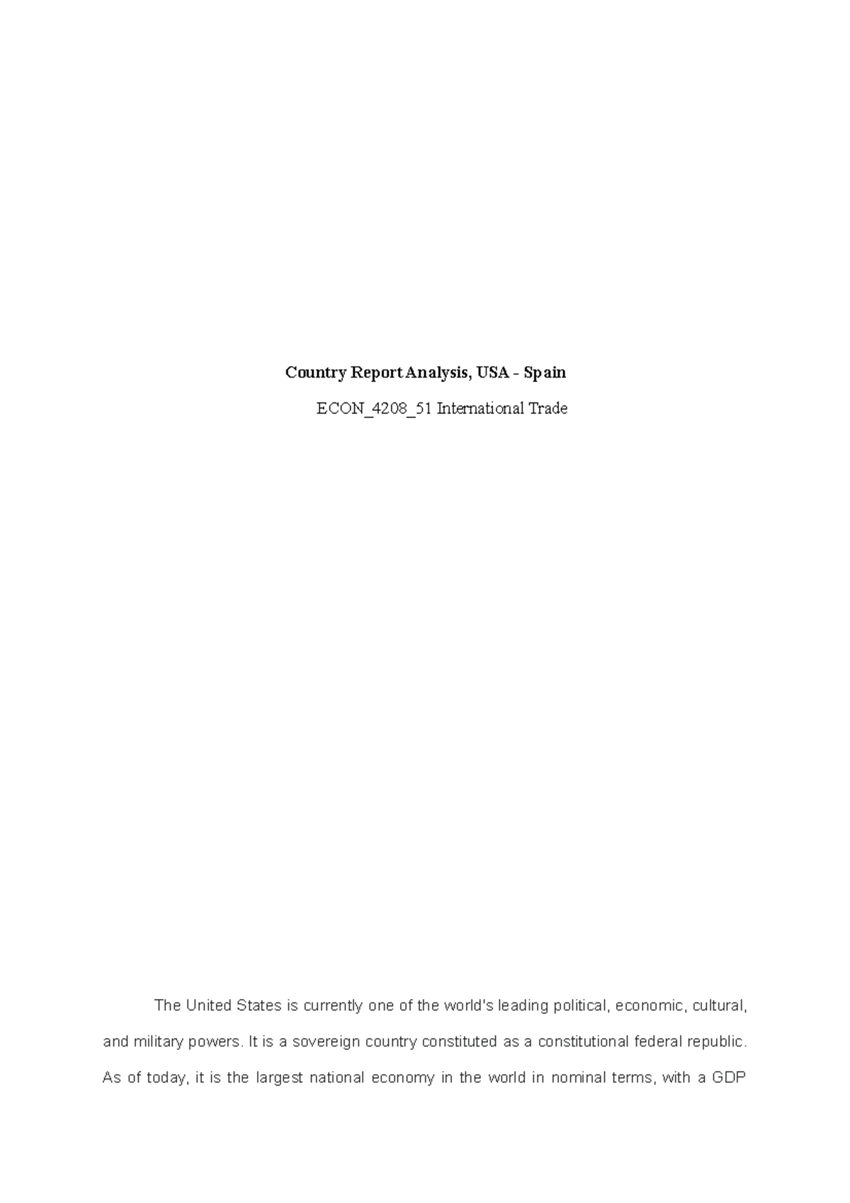 Project International Trade - Country Report Analysis, USA - Spain ECON ...