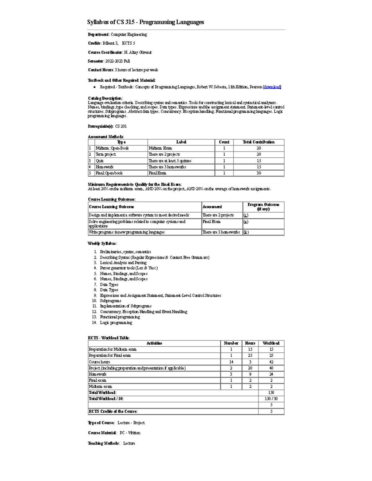 Stars Bilkent Edu Tr Syllabus View Cs 315 Cs Bs Syllabus Of Cs 315 Programming Languages