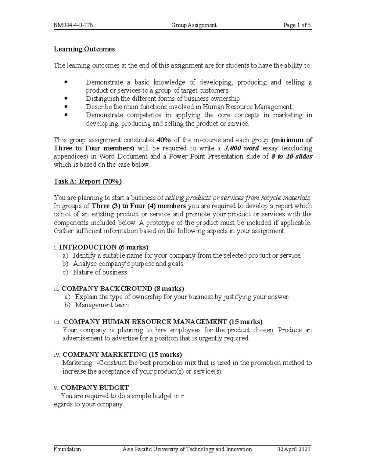 ITB Group Assignment ucff2002 bf ict eng - Learning Outcomes The ...
