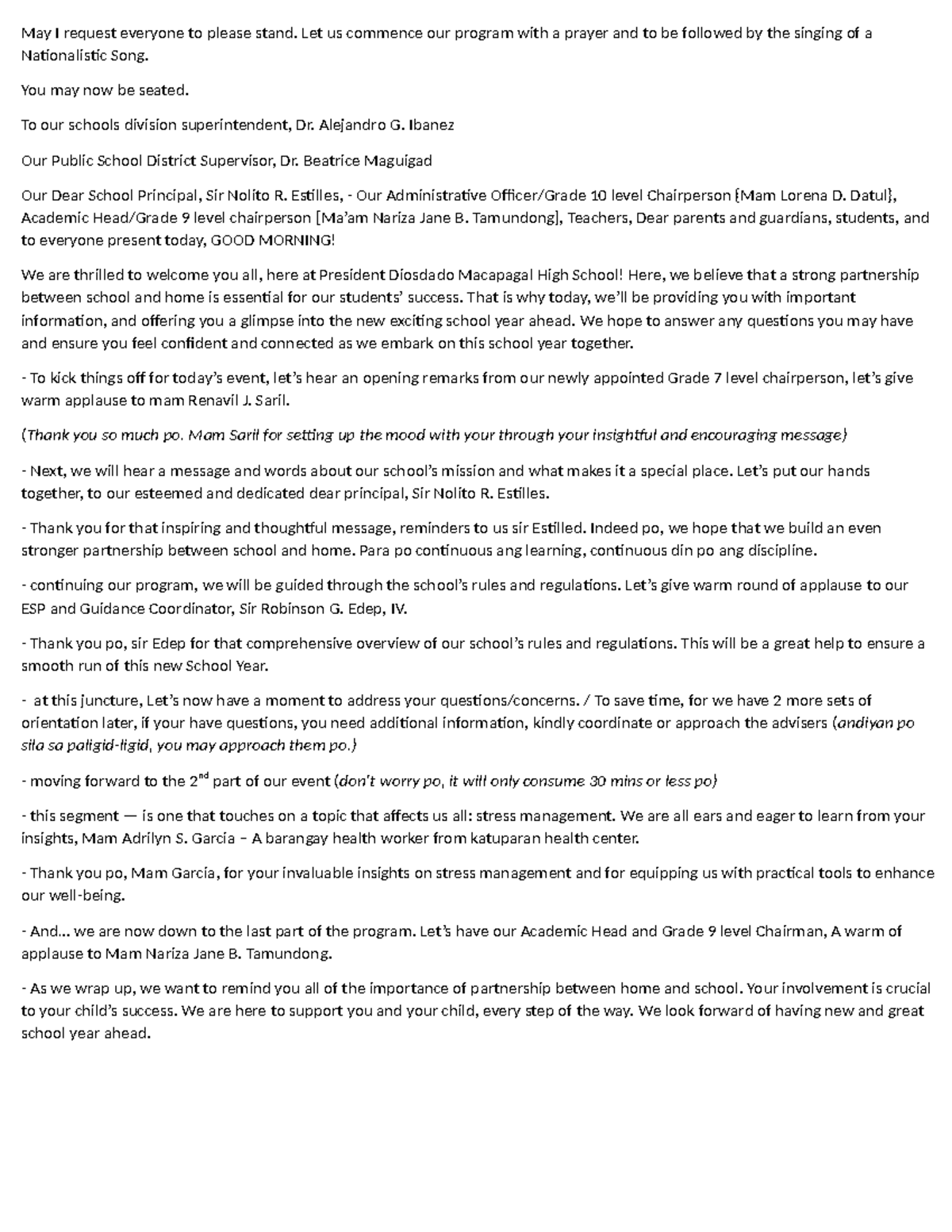 Parents Orientation Emcee (MC) Script - May I request everyone to ...