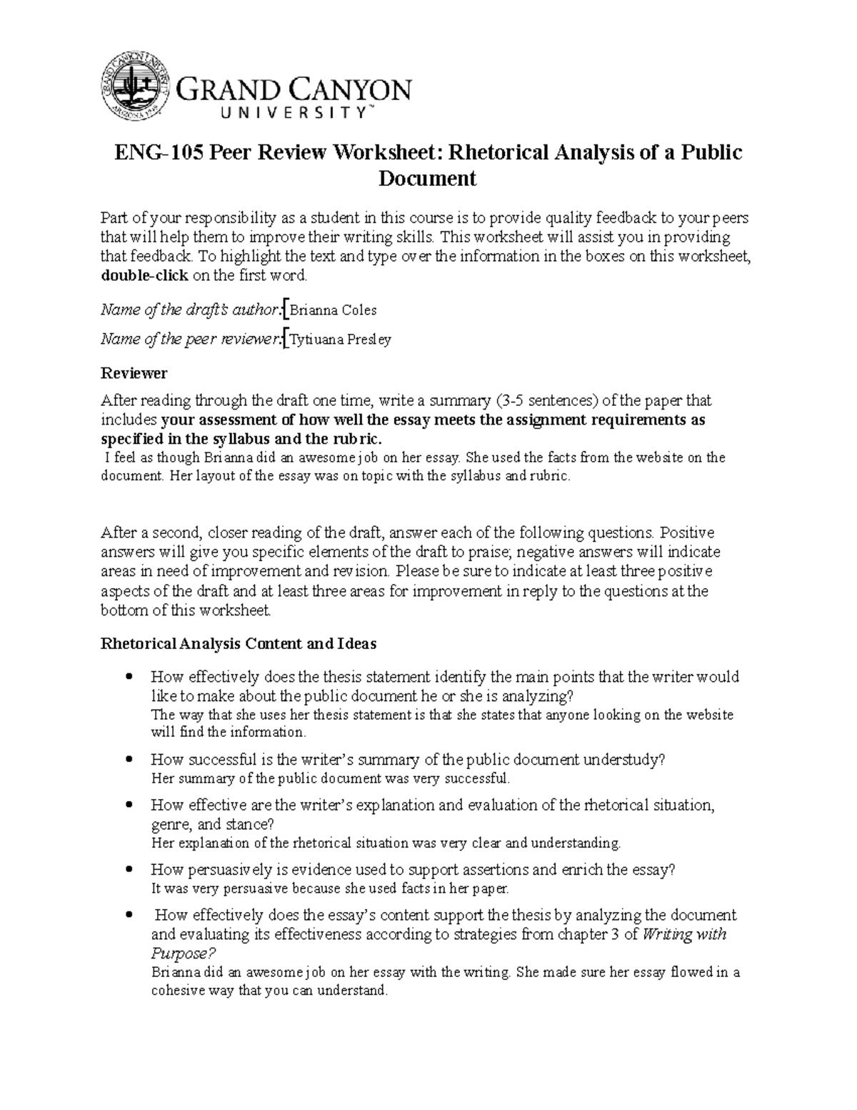 ENG105 Rhetorical Analysis Peer Review TPresley - ENG-105 Peer Review ...
