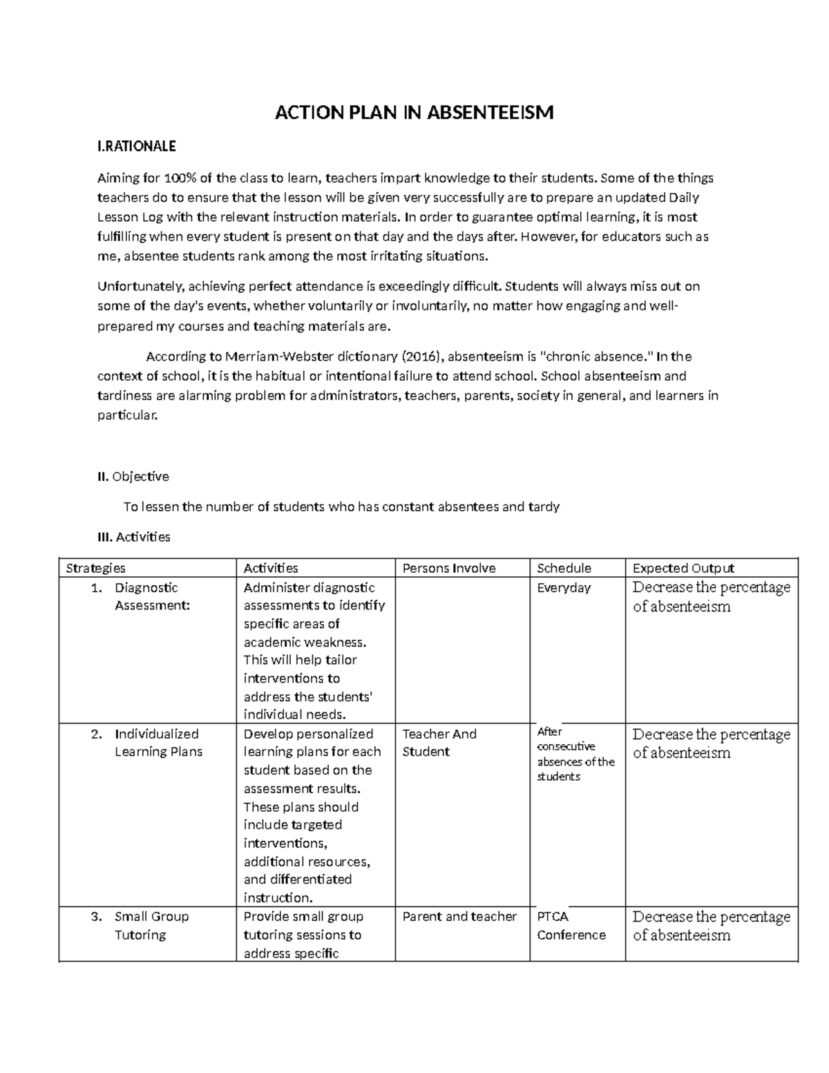 Action PLAN IN Absenteeism - ACTION PLAN IN ABSENTEEISM I Aiming for ...