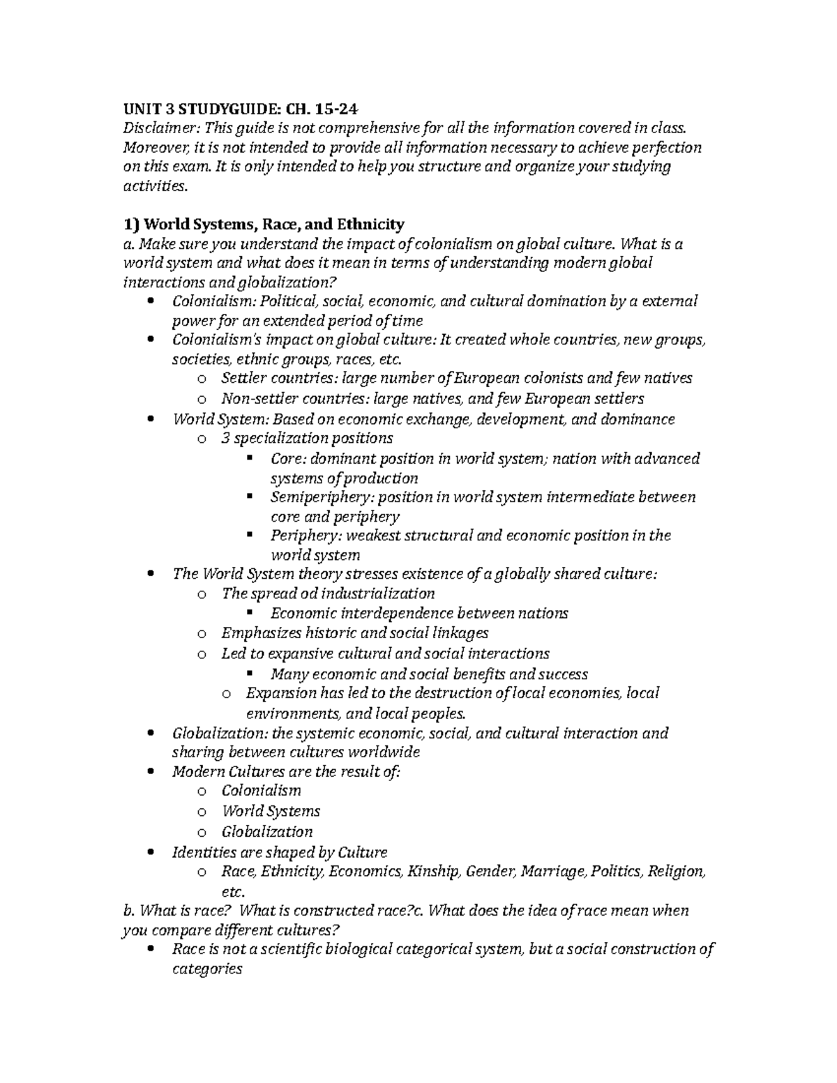 UNIT 3 Studyguide - UNIT 3 STUDYGUIDE: CH. Disclaimer: This guide is ...