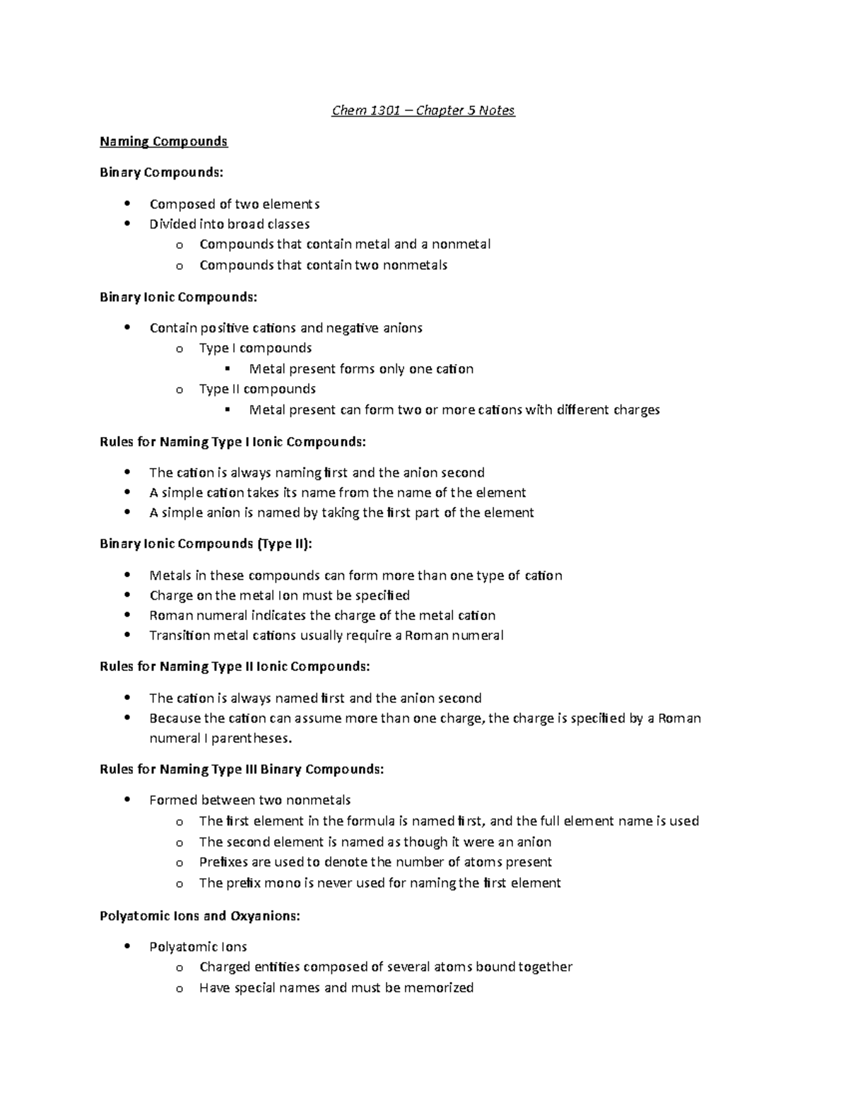 CHEM 1301 - Chapter 5 Notes - Chem 1301 – Chapter 5 Notes Naming ...