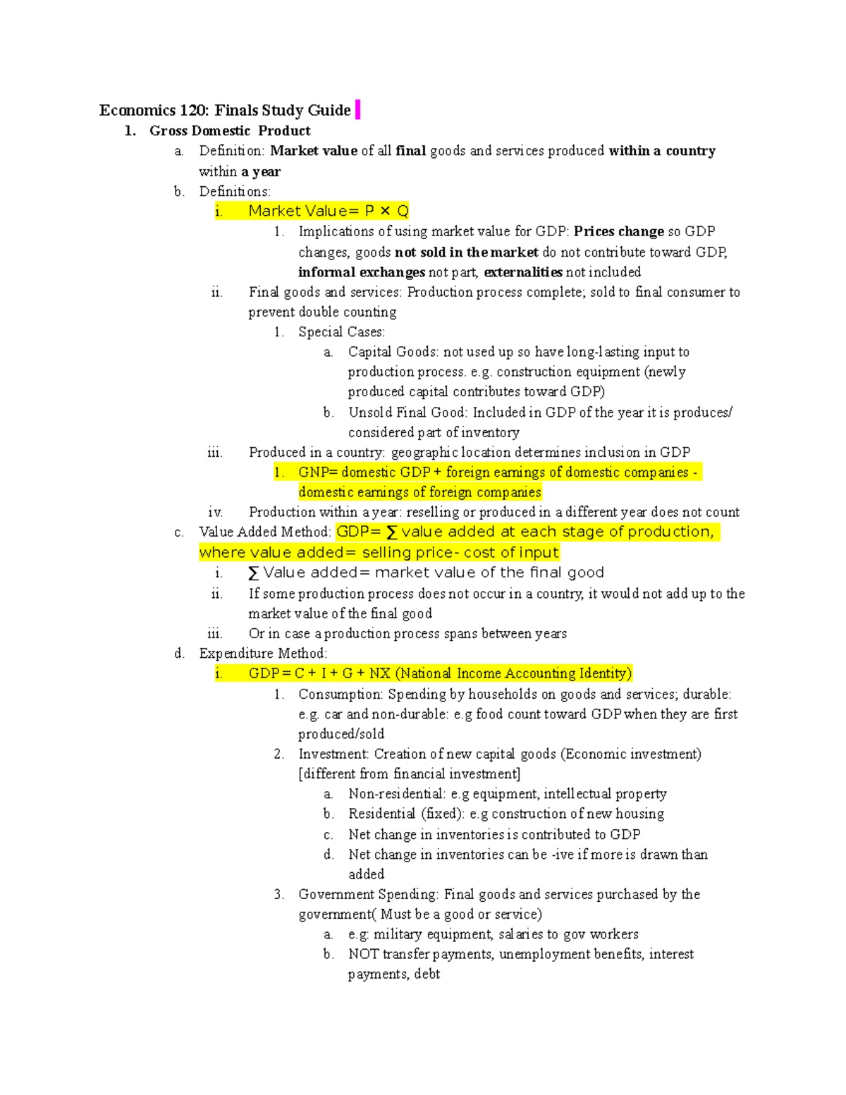 Economics 120 Finals Study Guide - Economics 120: Finals Study Guide 1 ...