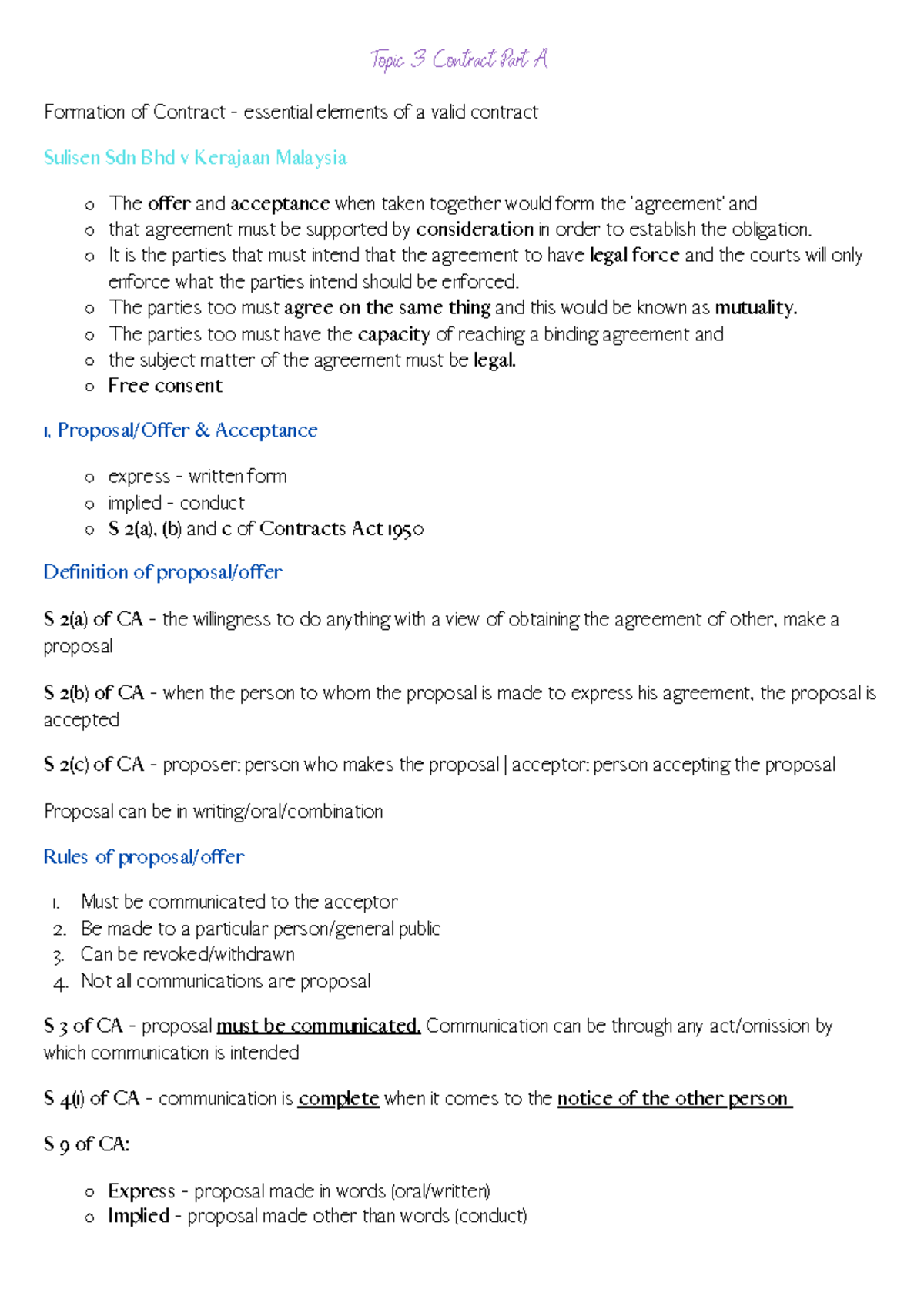 Introduction to Contract Law Part A Notes - Topic 3 Contract Part A ...