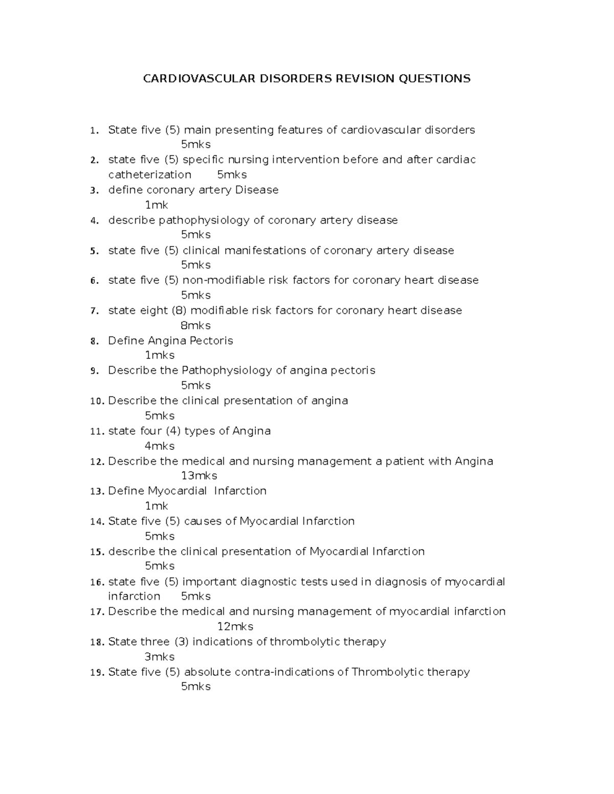 Cardiovascular Disorders Revision Questions - CARDIOVASCULAR DISORDERS ...