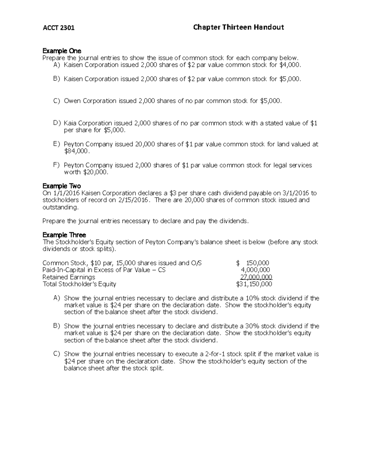 13 Questions - ACCT 2301 Chapter Thirteen Handout Example One Prepare ...