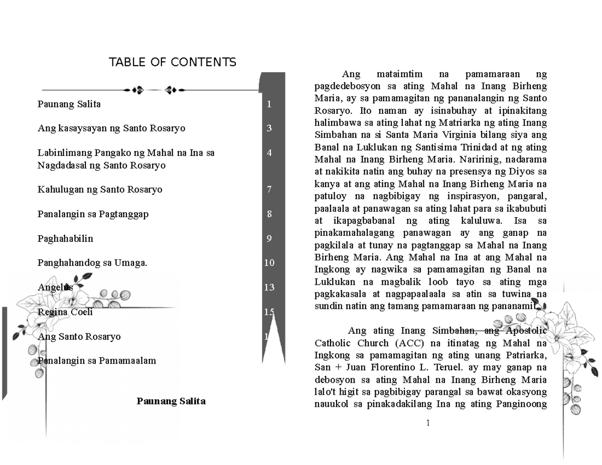 Holy Rosary Guide - TABLE OF CONTENTS Paunang Salita Ang kasaysayan ng ...