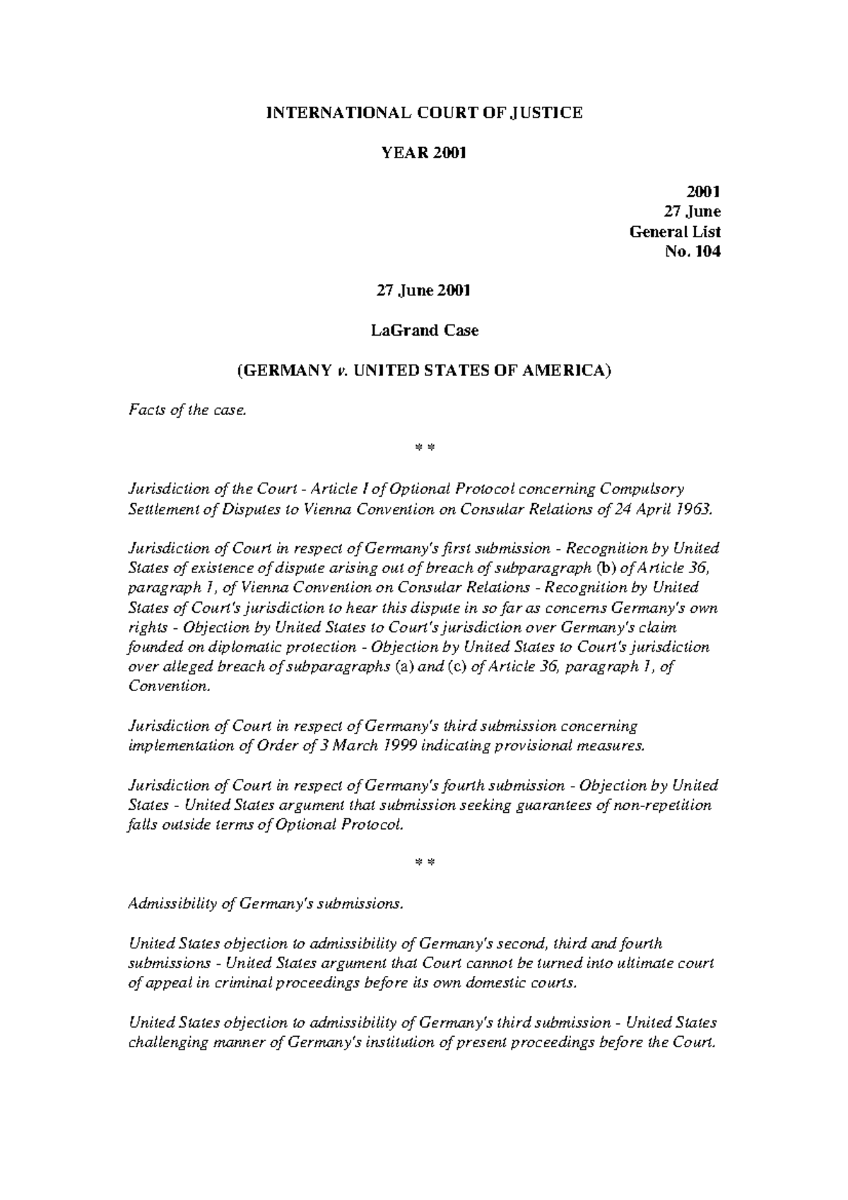 Lagrand Case - Ruba - INTERNATIONAL COURT OF JUSTICE YEAR 2001 2001 27 ...