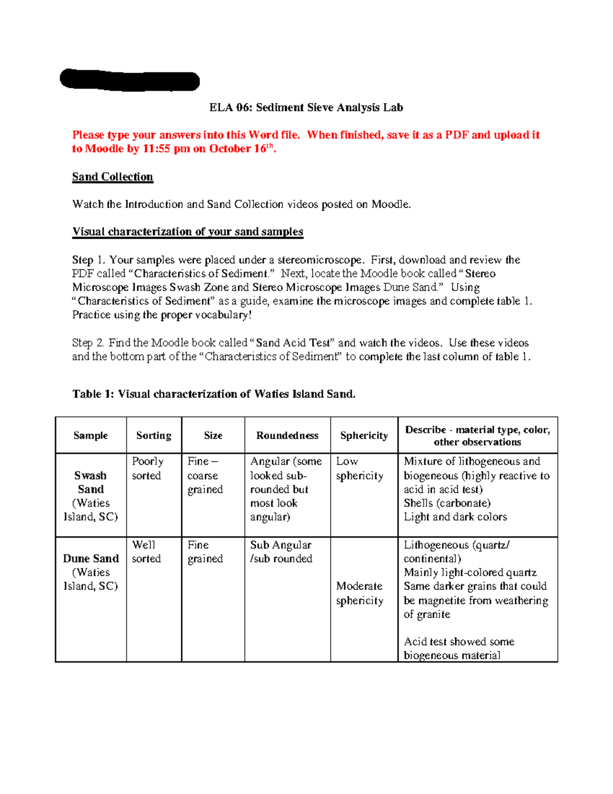 ELA 06 Sediment Sieve Analysis Lab - Name: Mykayla Purscell ELA 06 ...