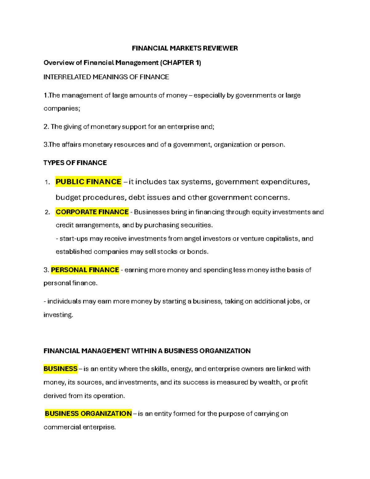 Fin Mar Reviewer - FINANCIAL MARKETS REVIEWER Overview of Financial ...