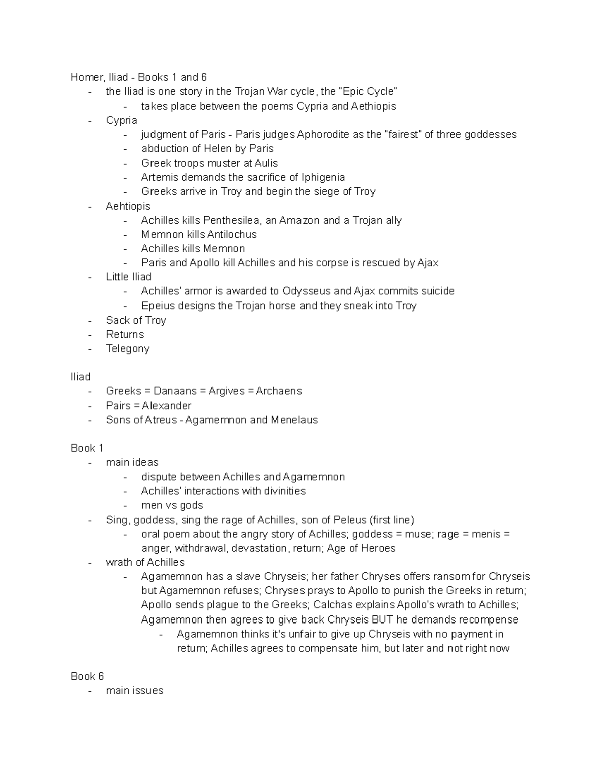 Homer's Iliad Books 1,6,9,16 Notes - Homer, Iliad - Books 1 and 6 - the ...