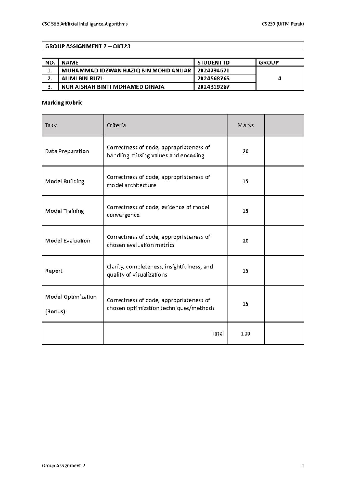 CSC583 Group Assignment 2 ( Python) - GROUP ASSIGNMENT 2 – OKT 23 NO. NAME STUDENT ID GROUP 1 ...