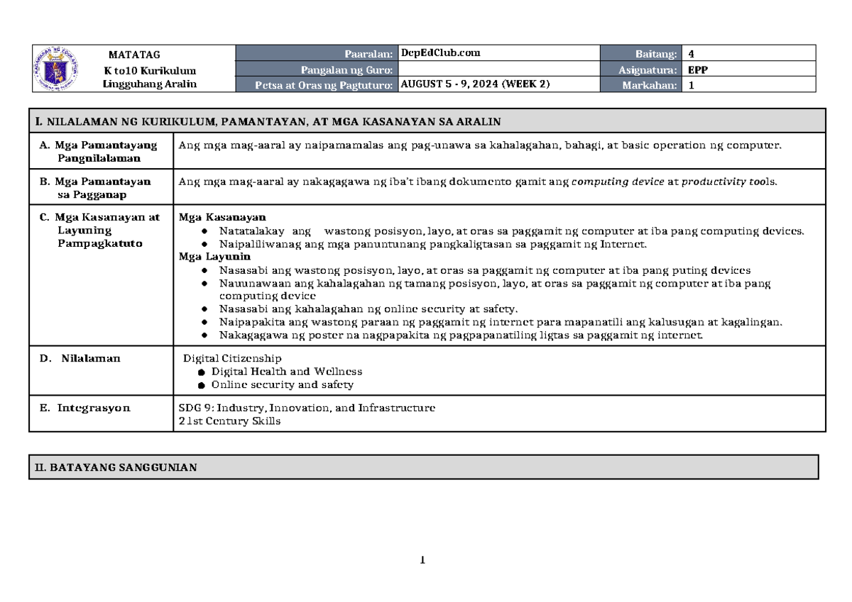DLL Matatag EPP 4 Q1 W2 - KOPAL KABA - MATATAG K to10 Kurikulum ...