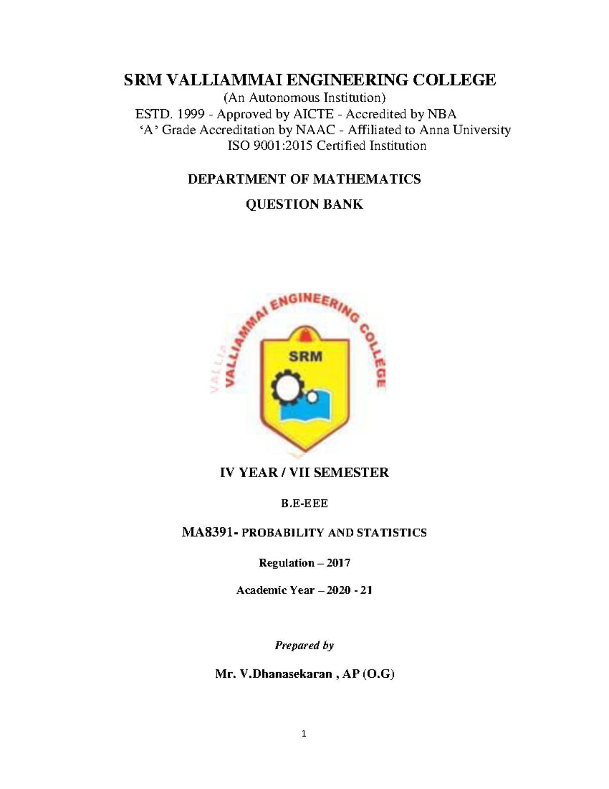 Ma8391 probability and statistics - SRM VALLIAMMAI ENGINEERING COLLEGE ...
