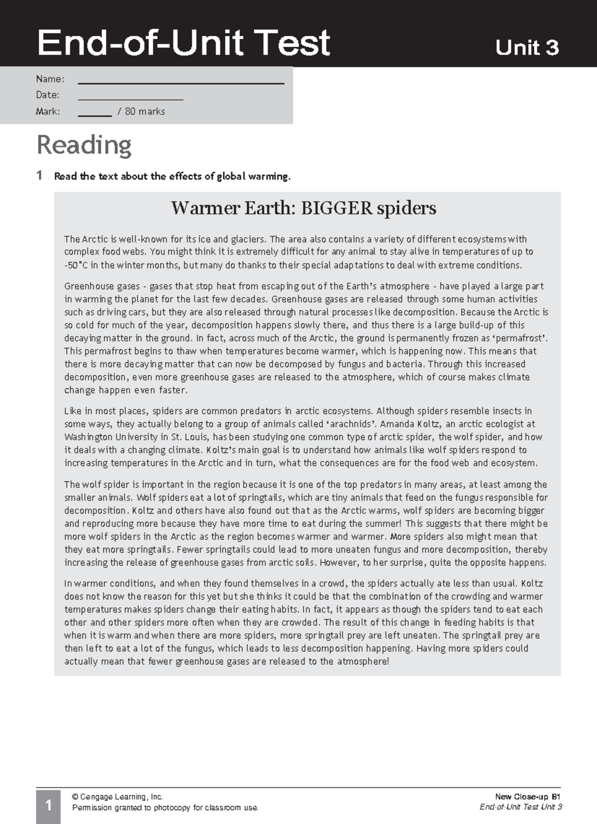 Unit3 tacb3 apd - © Cengage Learning, Inc. New Close-up B Reading 1 Read the text about the ...