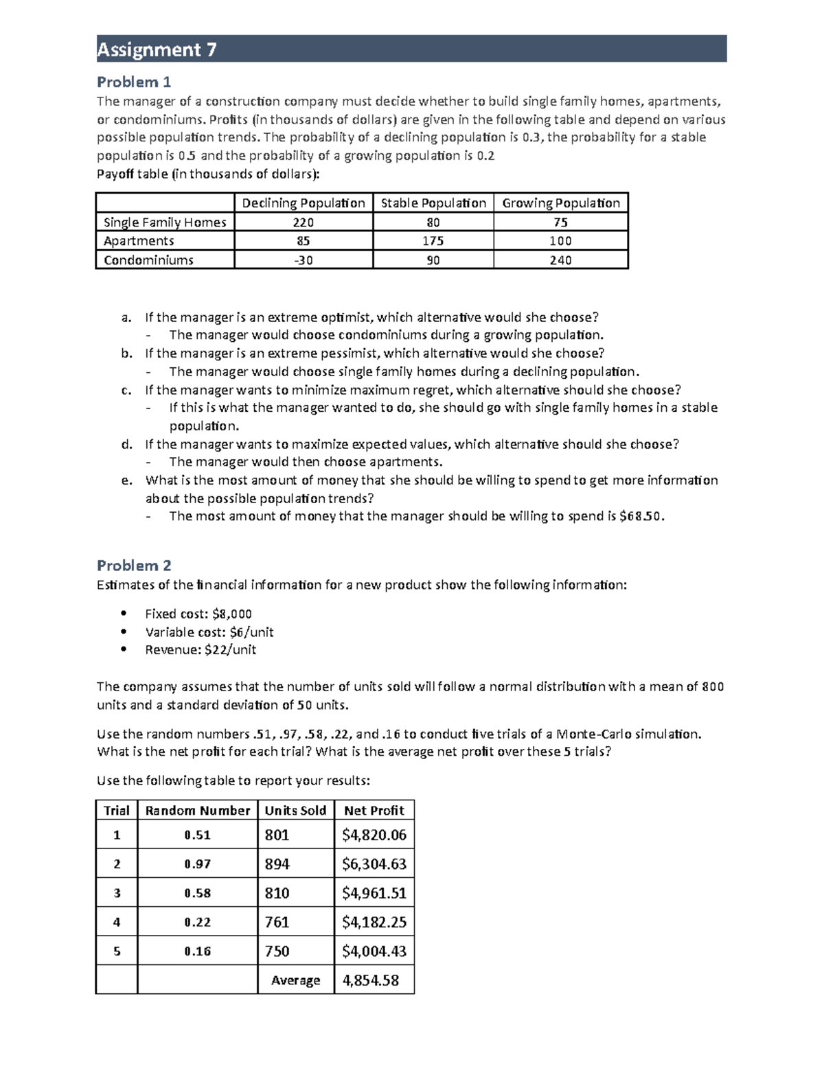 Assignment 7 Statistics and Data - Assignment 7 Problem 1 The manager ...