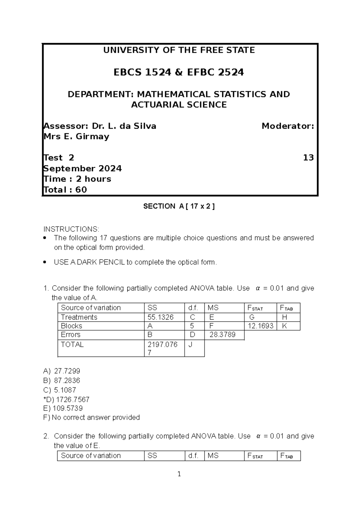 EBCS1524 Test2 2024 memo - UNIVERSITY OF THE FREE STATE EBCS 1524 ...