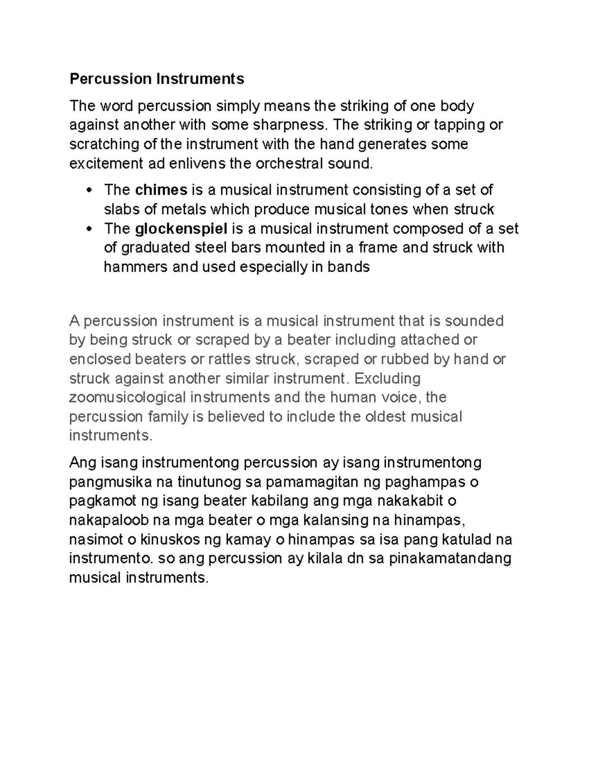 Percussion Instruments - The striking or tapping or scratching of the ...