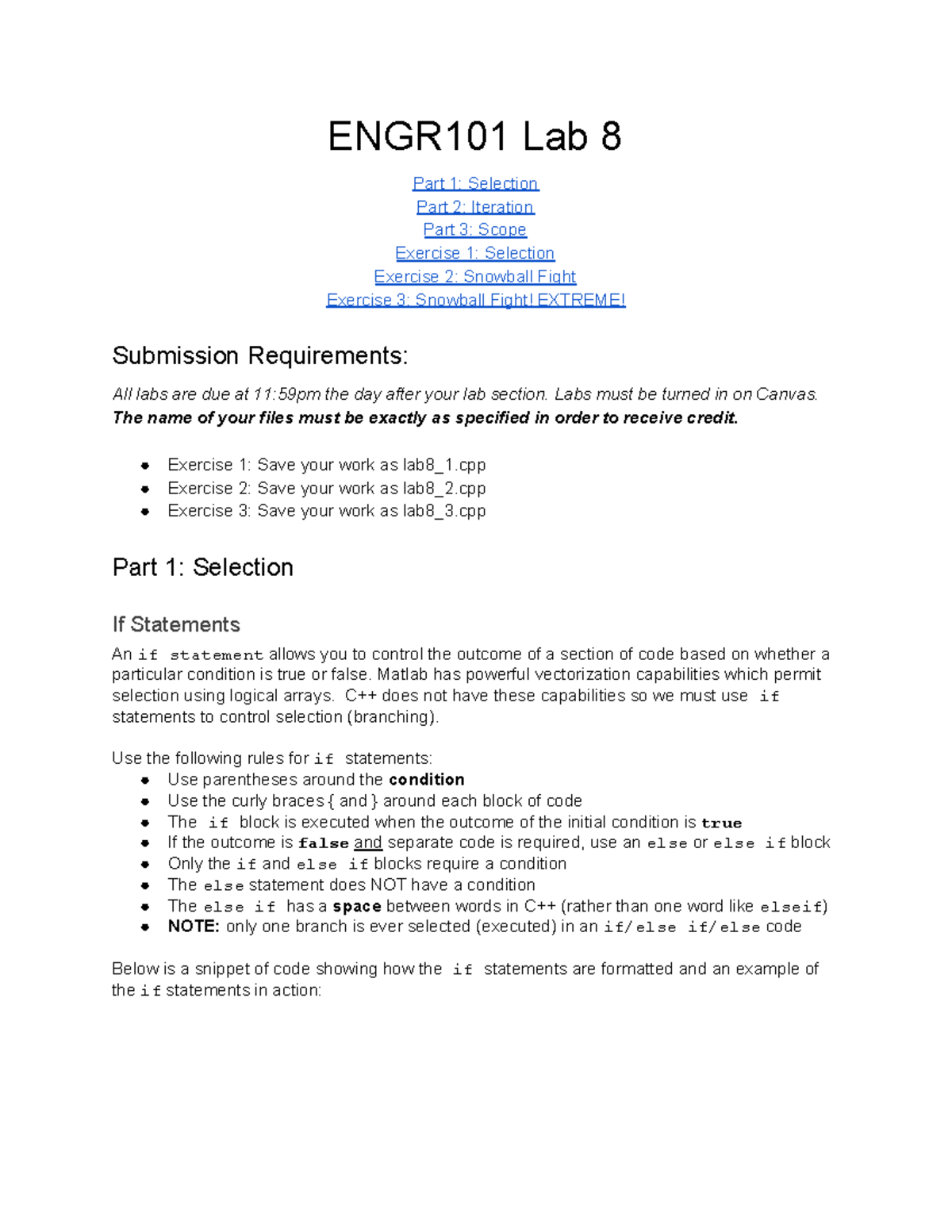 Lab 8 - ENGR101 Lab 8 Part 1: Selection Part 2: Iteration Part 3: Scope Exercise 1: Selection ...