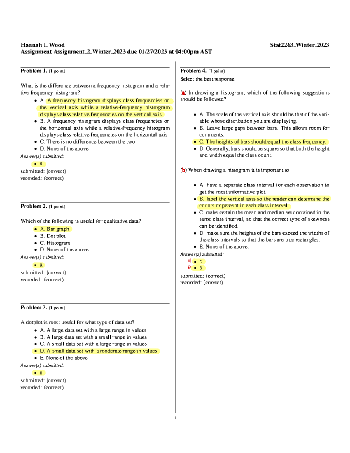 Stats Assignment 2 - Hannah I. Wood Stat2263 Winter 2023 Assignment Assignment 2 Winter 2023 due ...