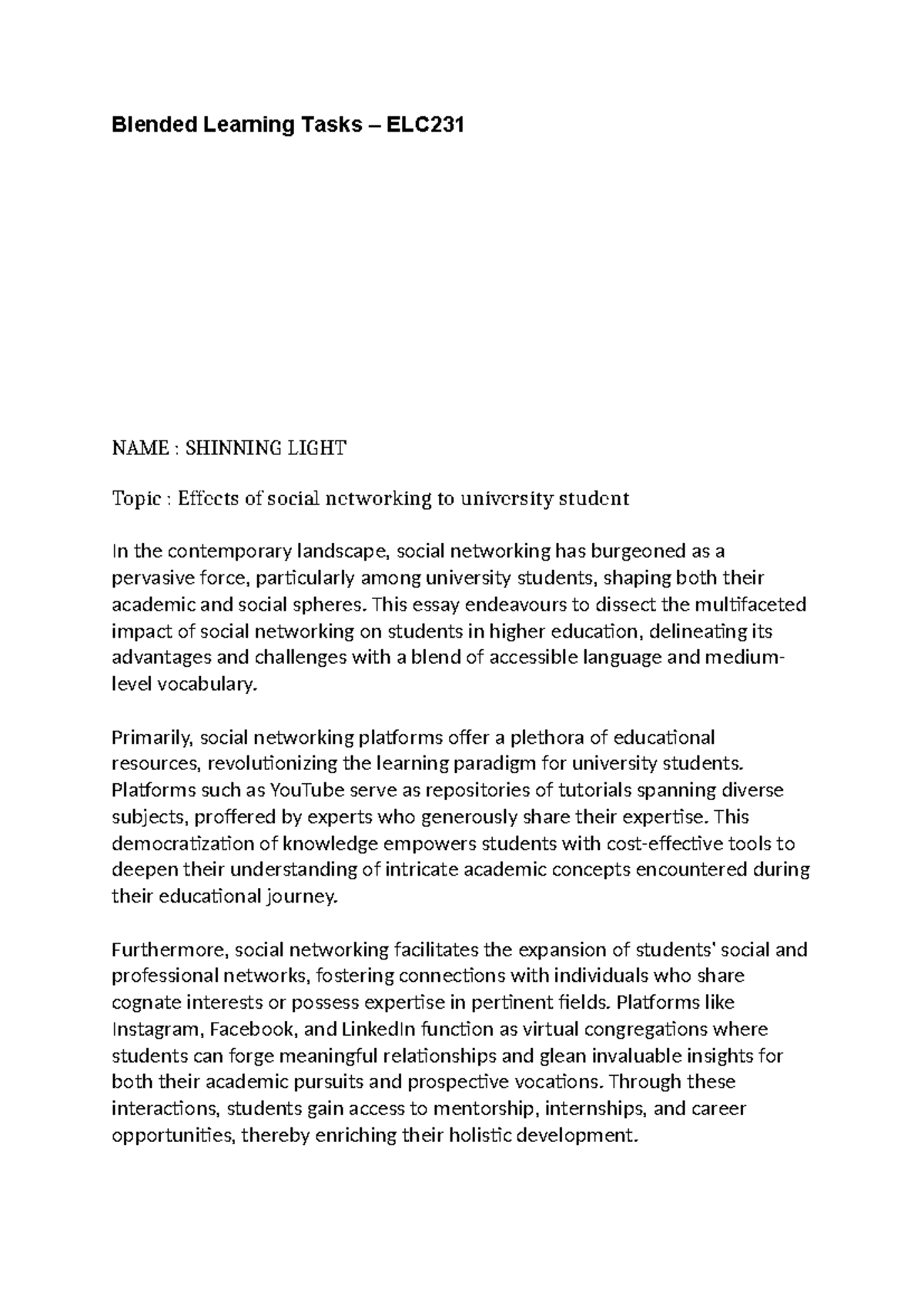 Blended Learning ELC231 - Blended Learning Tasks – ELC WRITING - write ...