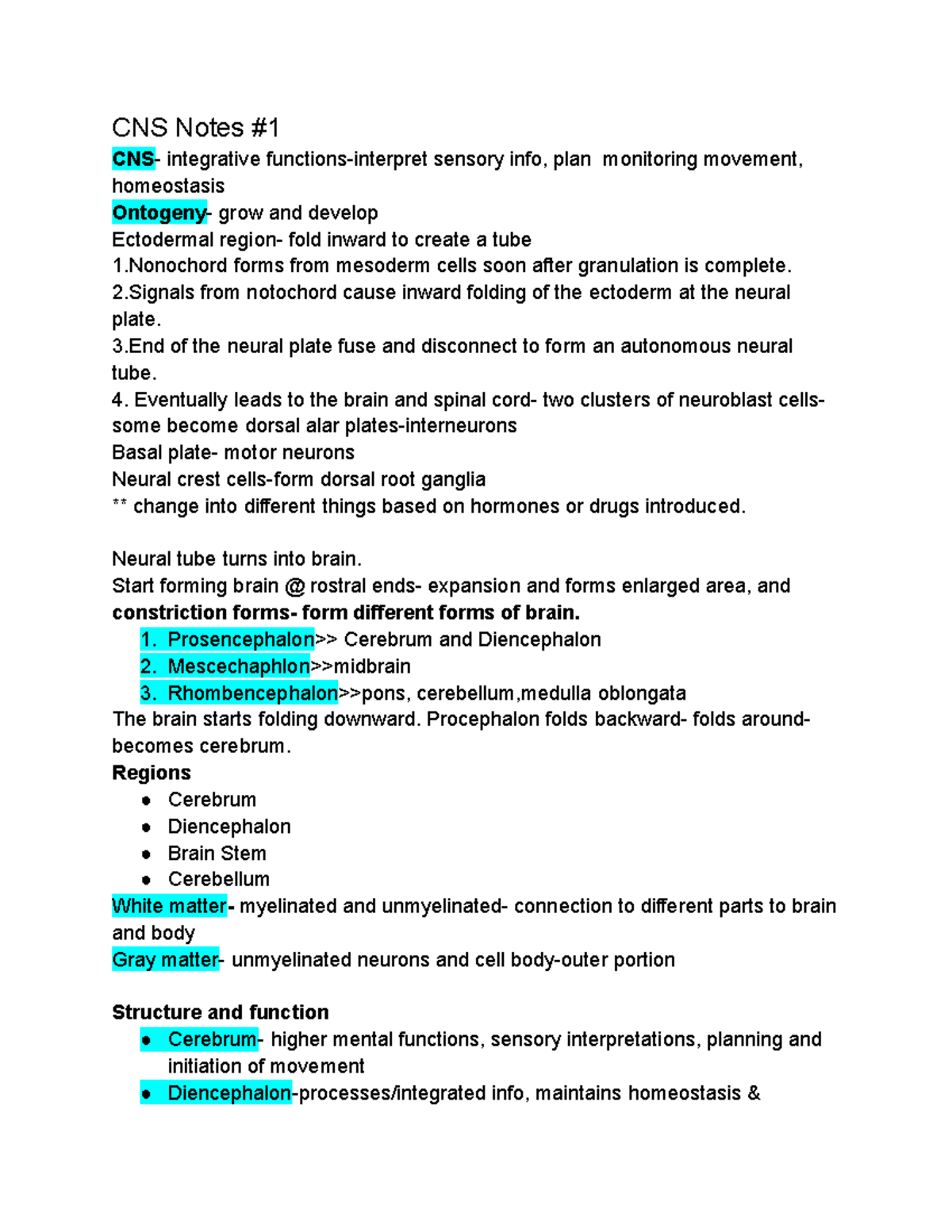 Unit 4 Notes- AP - CNS Notes CNS - integrative functions-interpret ...