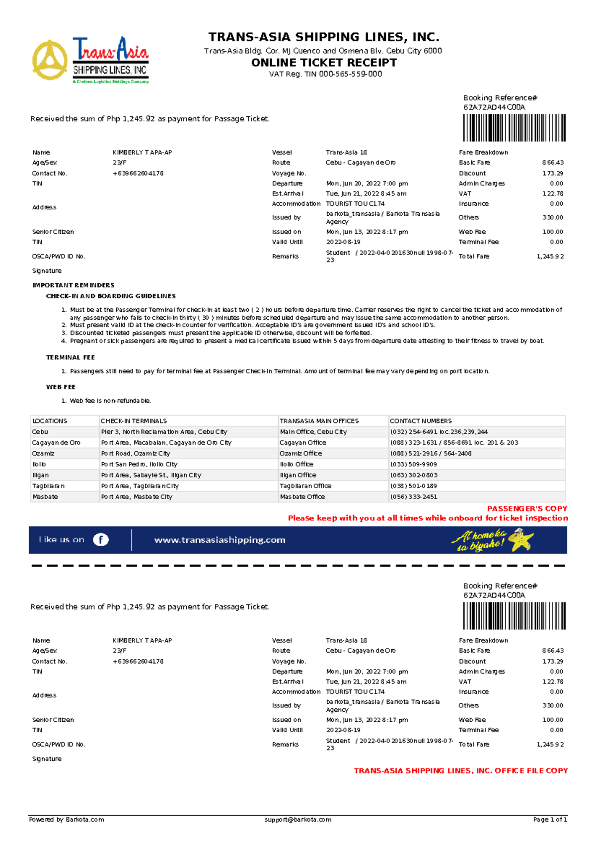 Inbound 1544635447057818255 - Booking Reference# 62A72AD44C00A Booking ...