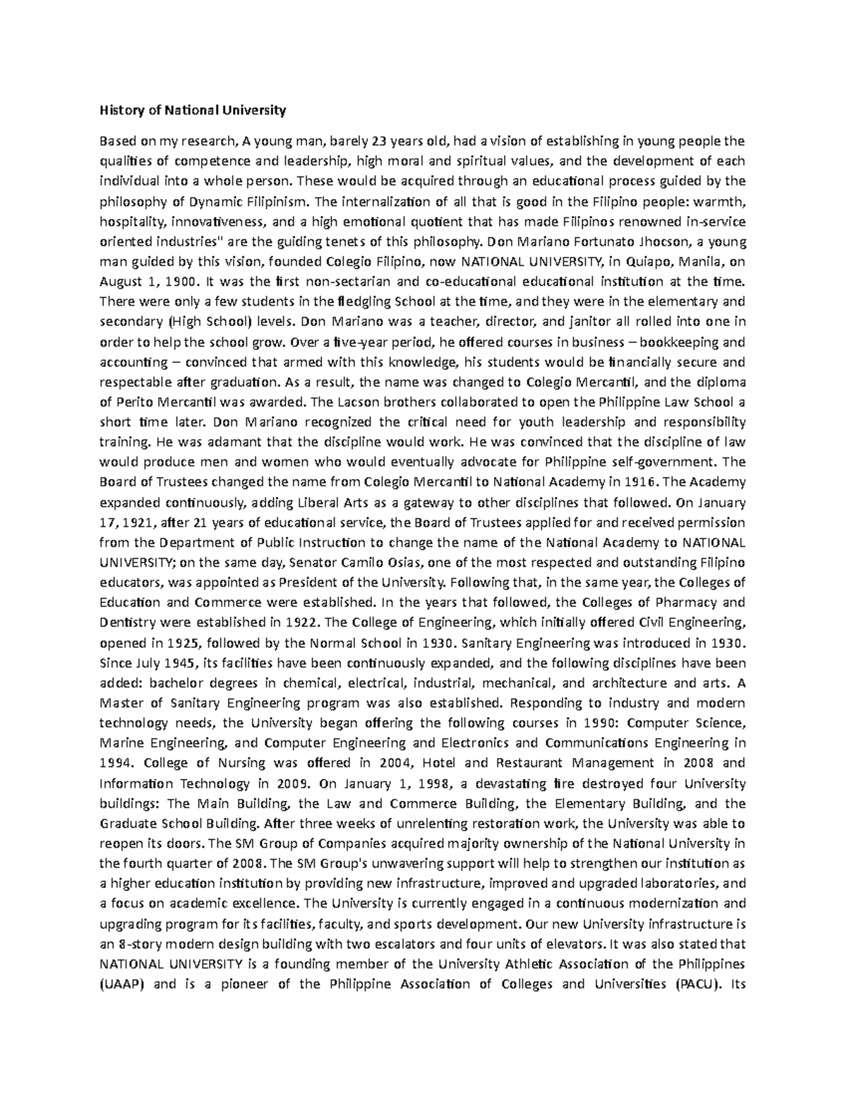 Activity 2 History of NU stated - History of National University Based ...