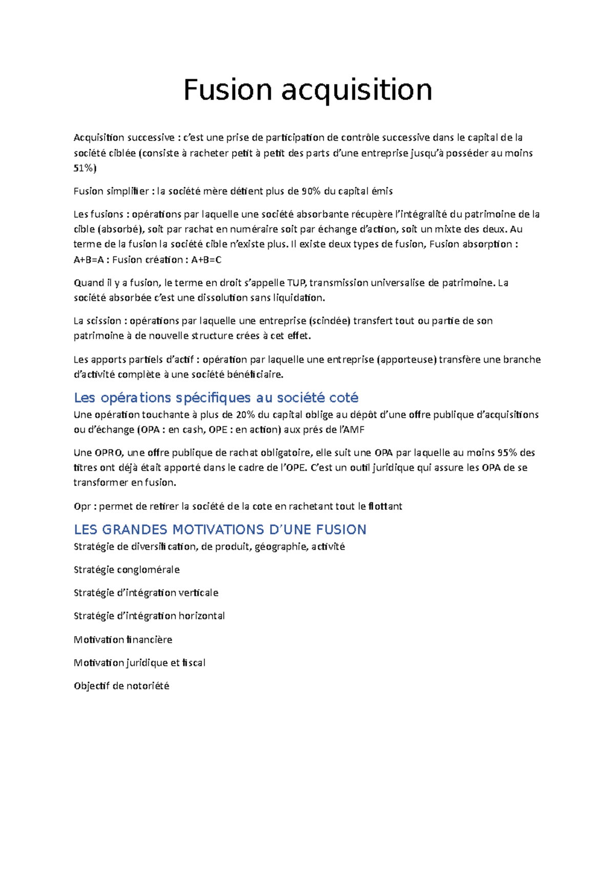 Fusion acquisition - cours théorique - Fusion acquisition Acquisition successive : c’est une ...