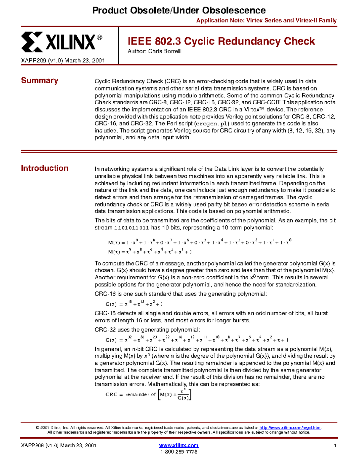 Calculo CRC Inglés - XAPP209 (v1) March 23, 2001 xilinx 1 © 2001 Xilinx ...