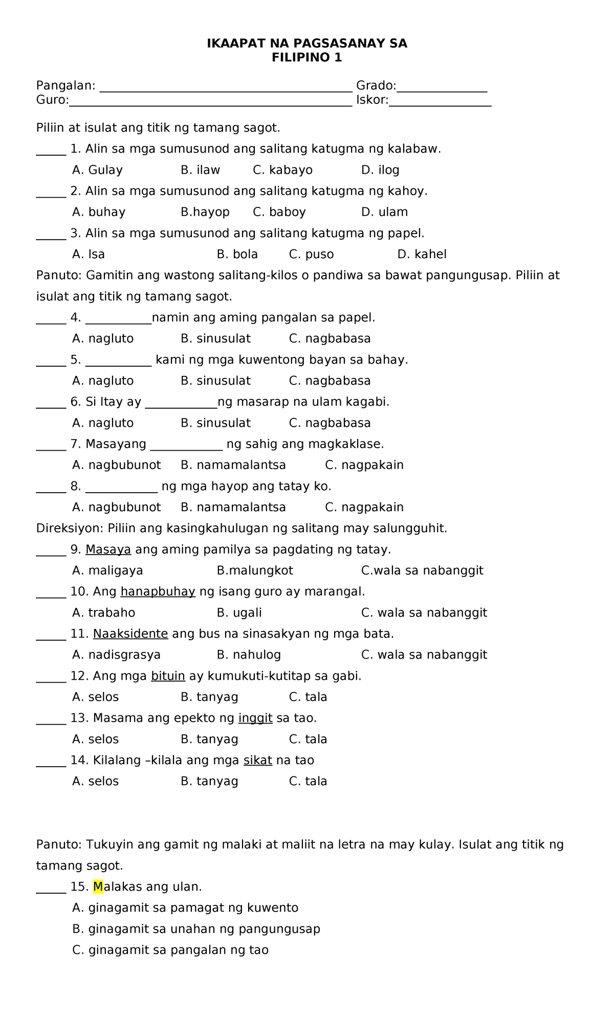Filipino-Q4 - MMMMMMMMMMMM - IKAAPAT NA PAGSASANAY SA FILIPINO 1 ...