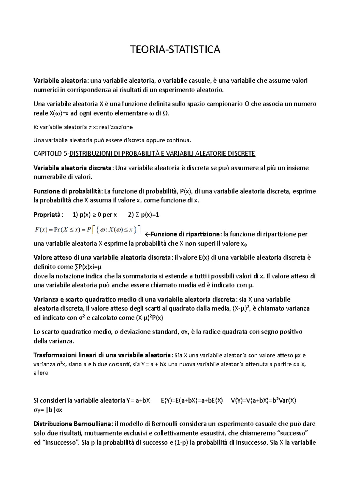 Statistica - TEORIA-STATISTICA Variabile aleatoria: una variabile aleatoria, o variabile casuale ...