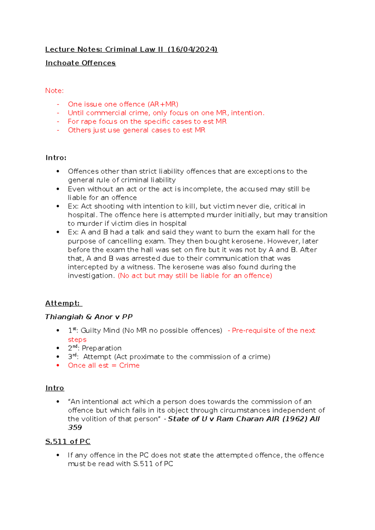 Lecture Notes (Inchoate Offence) - Lecture Notes: Criminal Law II (16 ...