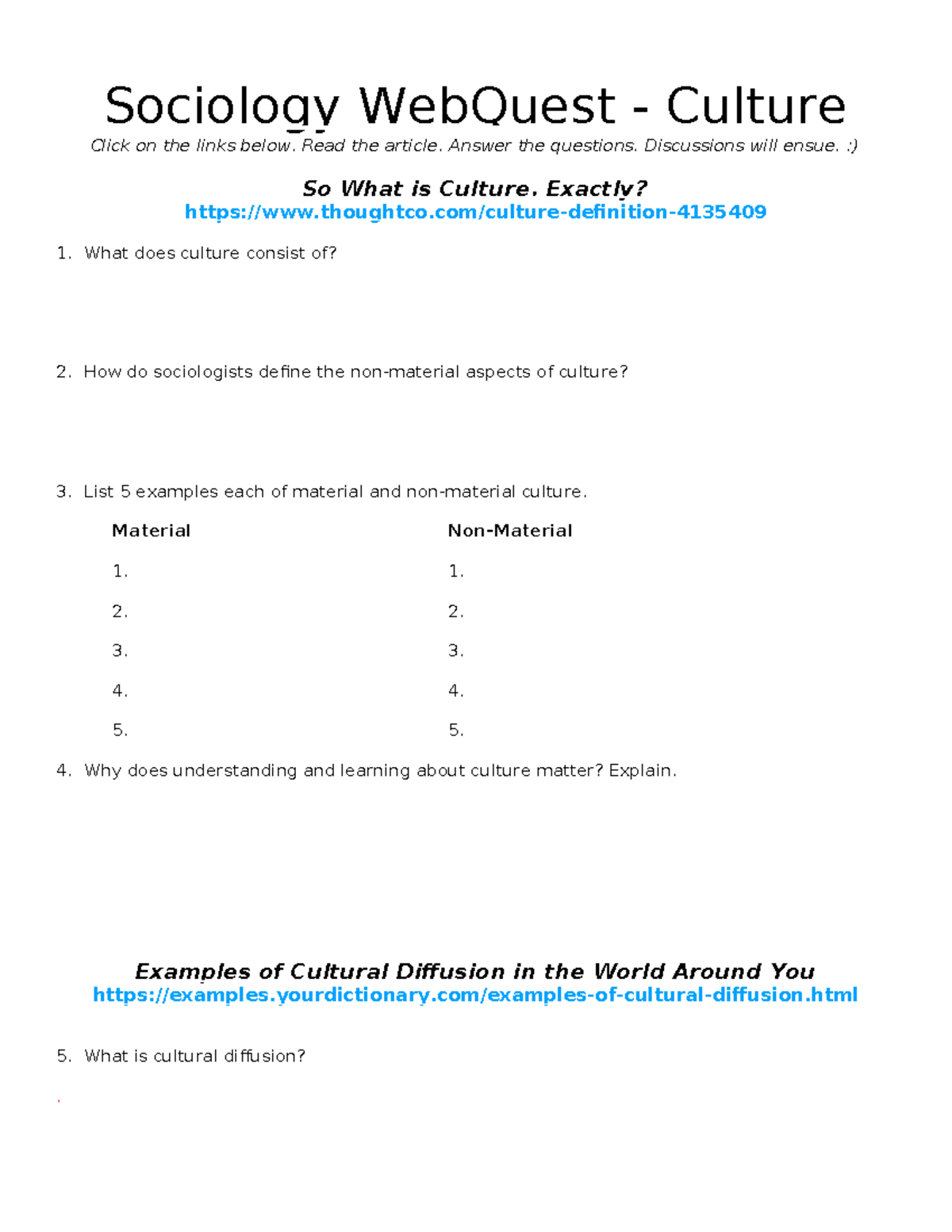 Culture Webquest Blank - Sociology WebQuest - Culture Click on the ...