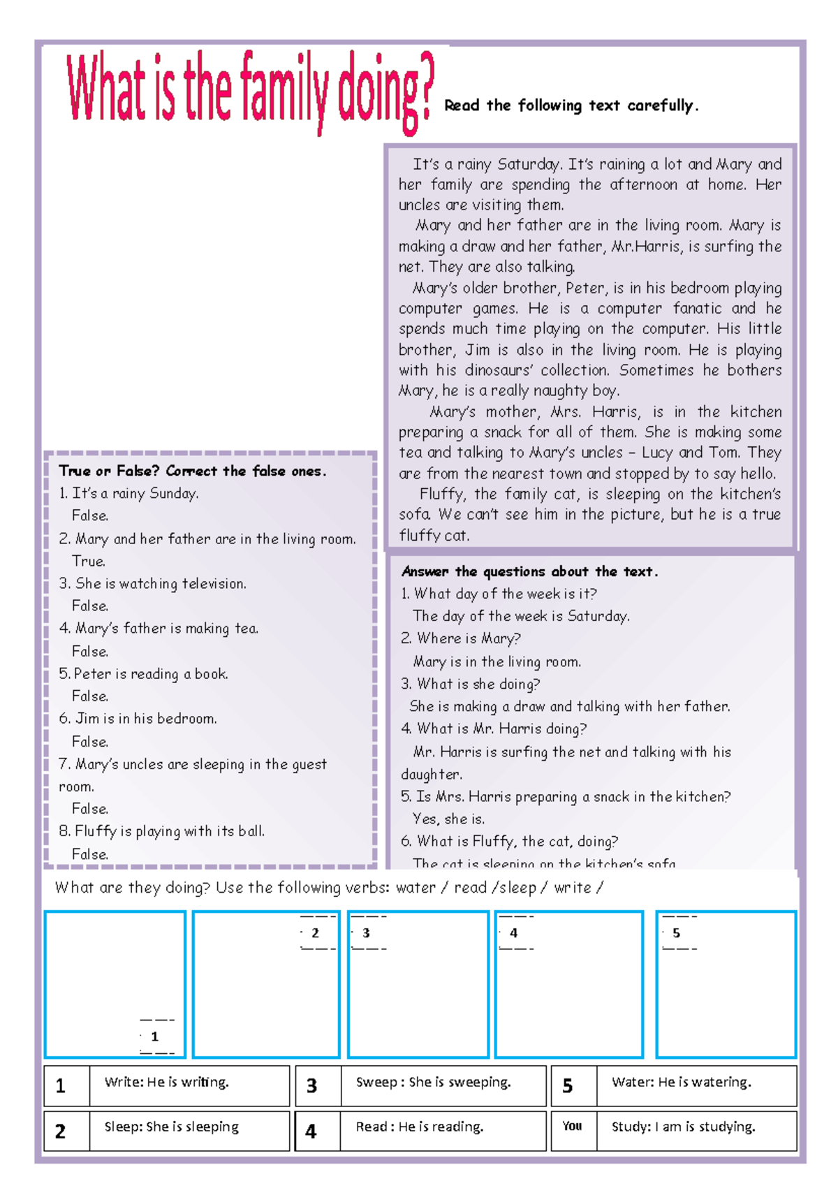 Present continuous reading comprehension elementary - It’s a rainy ...